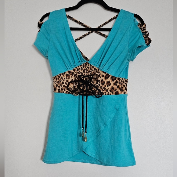 D.I.A | Tops | Dia Gyaru Sparkly Leopard Turquoise Corset Lace Up Short ...